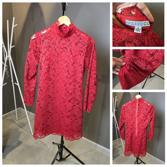 Prosecco | Dresses | Prosecco Red Lace Dress High Neck Long Sleeves ...